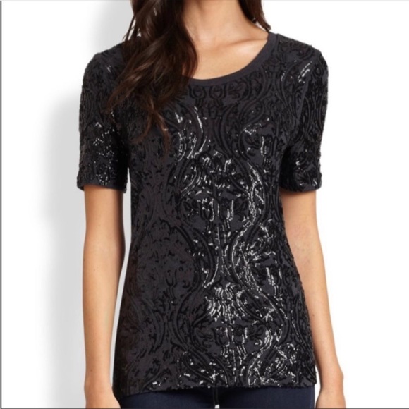 Tory Burch | Tops | Tory Burch Charcoal Black Sequined Short Sleeve Tee Size L | Poshmark